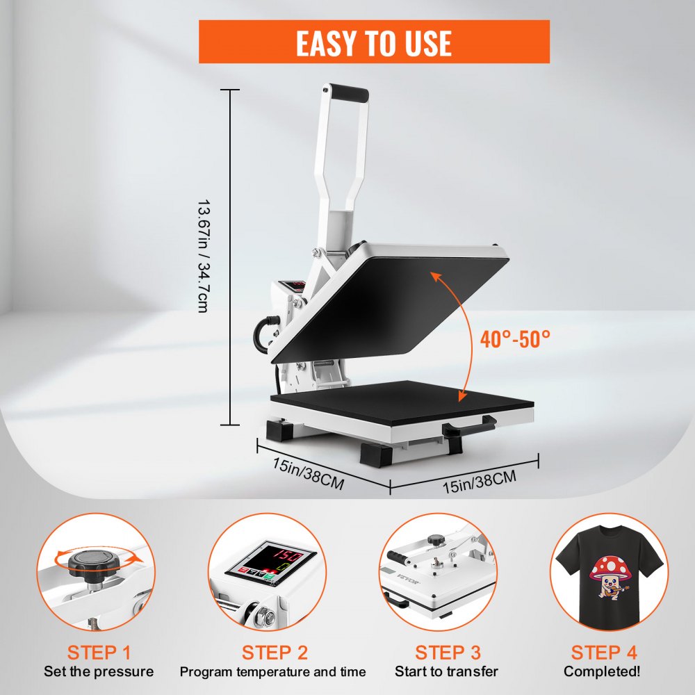 VEVOR Heat Press Machine, 15x15in / 38x38cm, Clamshell Sublimation Transfer Printer with Teflon ...