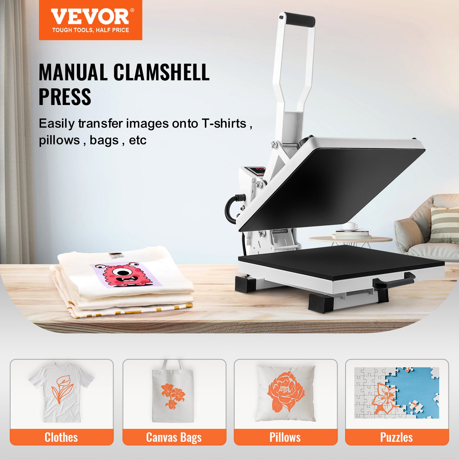 VEVOR Heat Press Machine, 15x15in / 38x38cm, Clamshell Sublimation Transfer Printer with Teflon ...