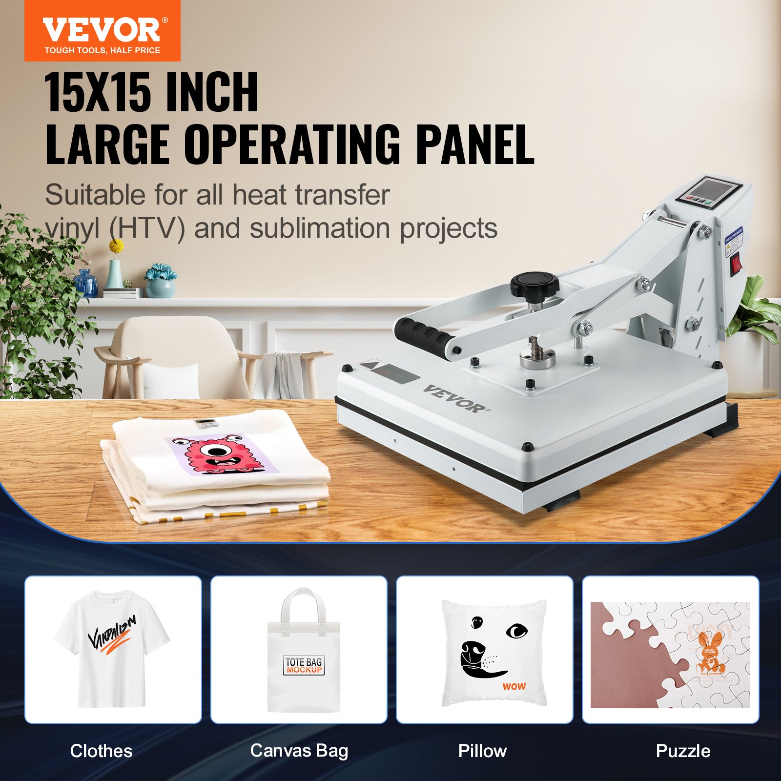 VEVOR Heat Press Machine, 15x15in / 38x38cm, Clamshell Sublimation Transfer Printer with Teflon ...