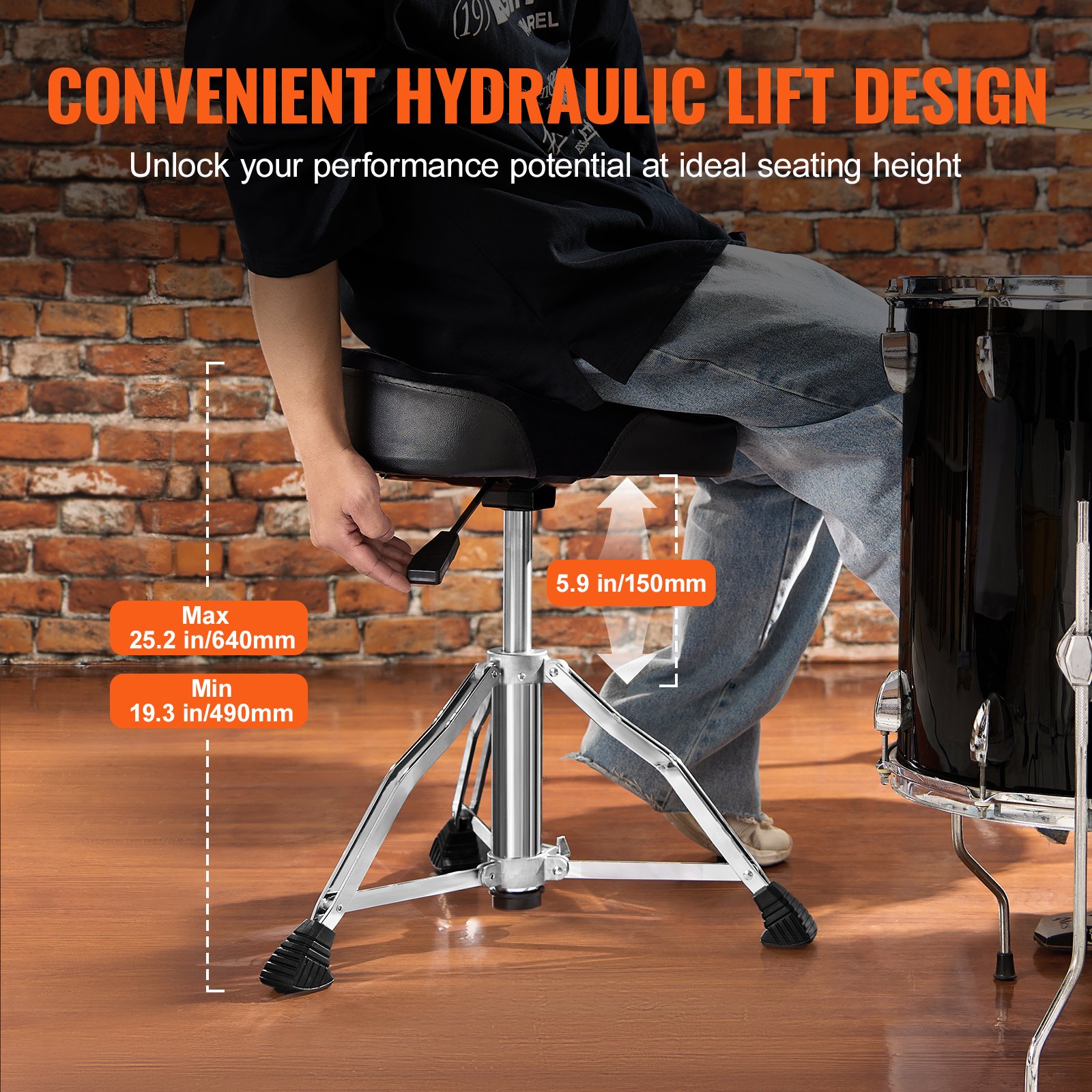 VEVOR Hydraulic Saddle Drum Throne, 19.3-25.2 in / 490-640 mm Height ...