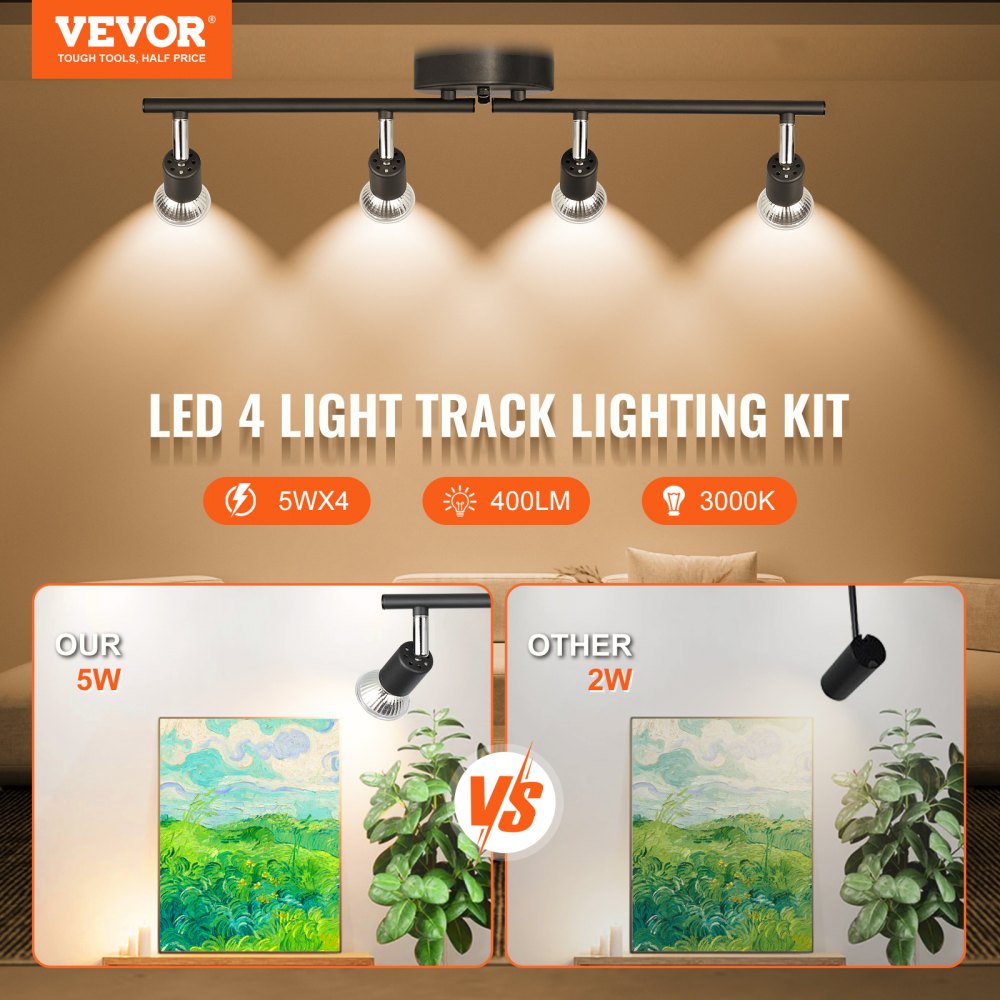 VEVOR 4-Light LED Track Lighting Kit, Ceiling Spot Light with Rotatable ...