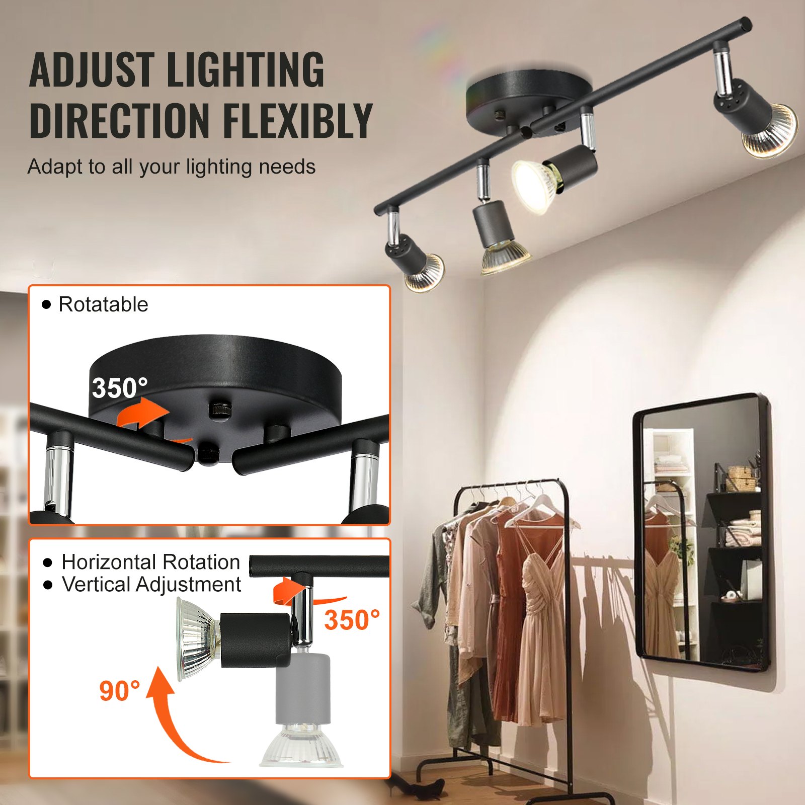 VEVOR 4-Light LED Track Lighting Kit, Ceiling Spot Light with Rotatable ...