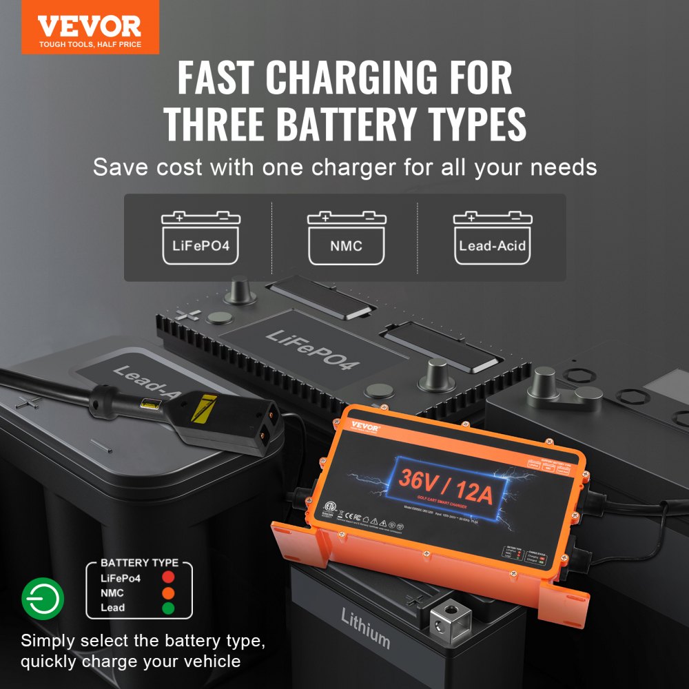 VEVOR 12 AMP Golf Cart Smart Battery Charger for EZGO D-Style IP67 ETL ...