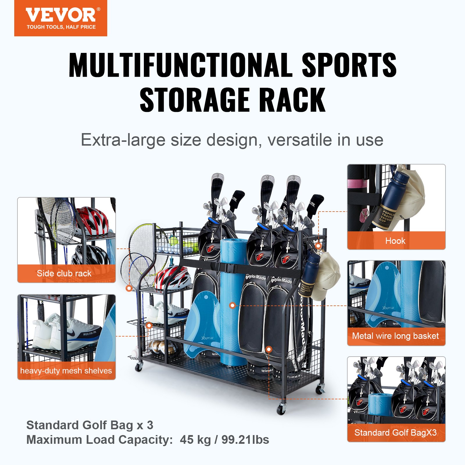 VEVOR Golf Storage Garage Organizer, 3 Golf Bag Stand Holder and Other ...