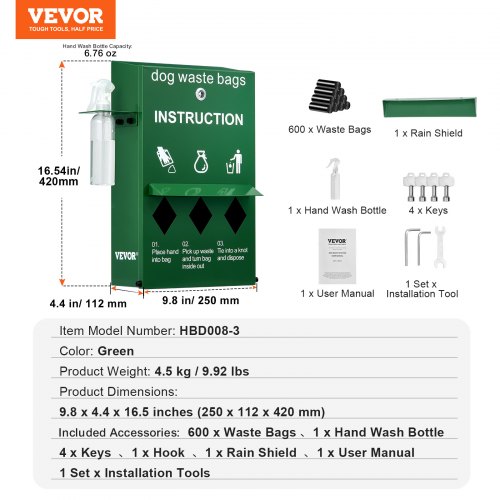 VEVOR Dog Poop Bag Dispenser with Hand Wash Bottle, Lockable Outdoor ...