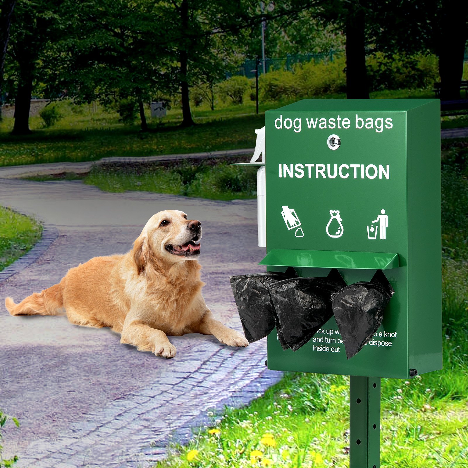 VEVOR Dog Poop Bag Dispenser with Hand Wash Bottle, Lockable Outdoor ...