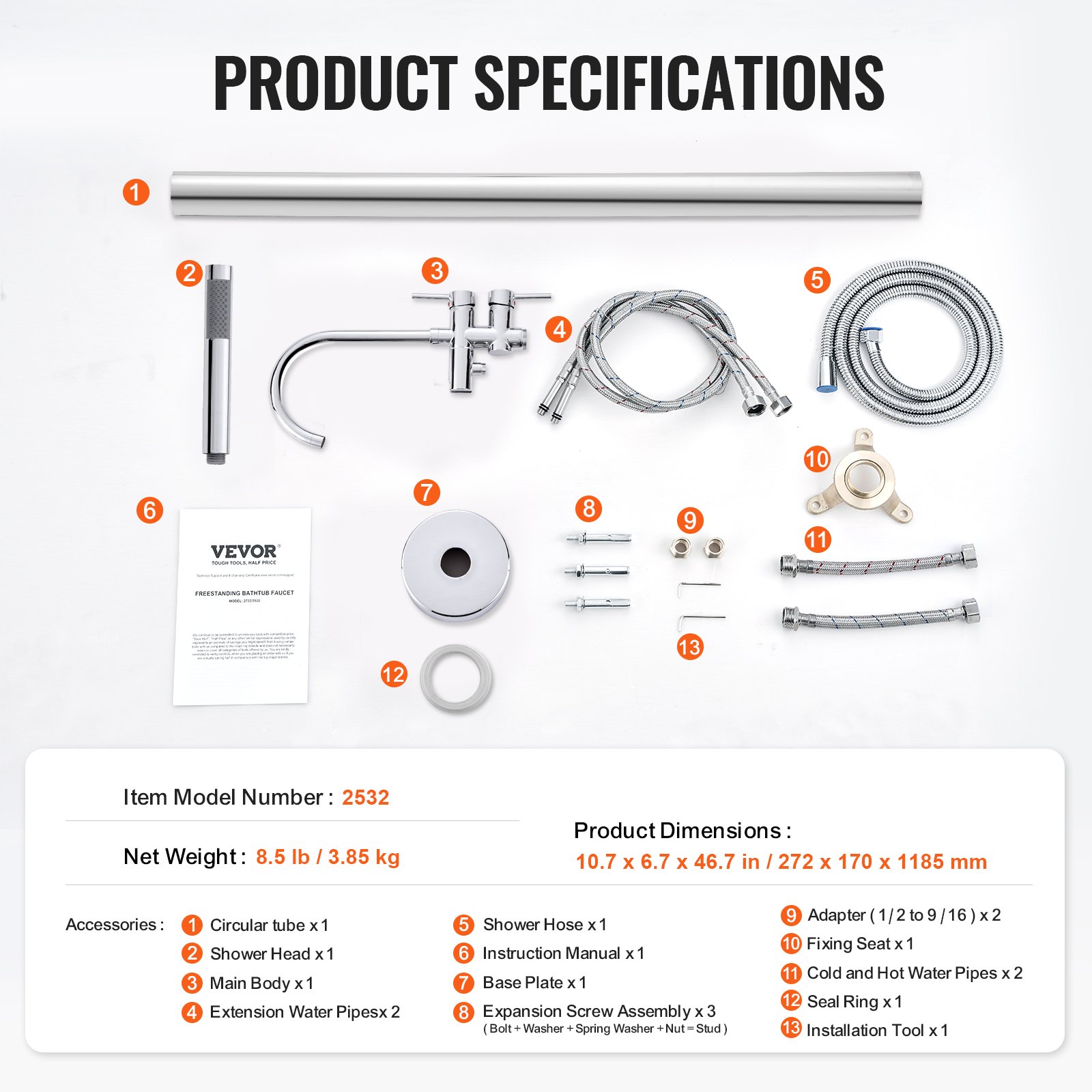 VEVOR Freestanding Bathtub Faucet Floor Mount Two Water Modes 360° for ...