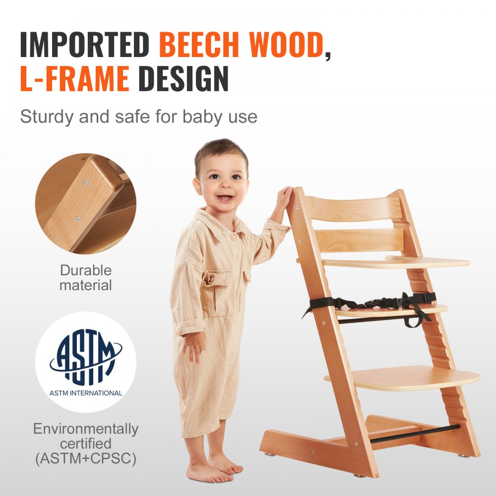 VEVOR Wooden High Chair for Babies & Toddlers, Convertible Adjustable ...