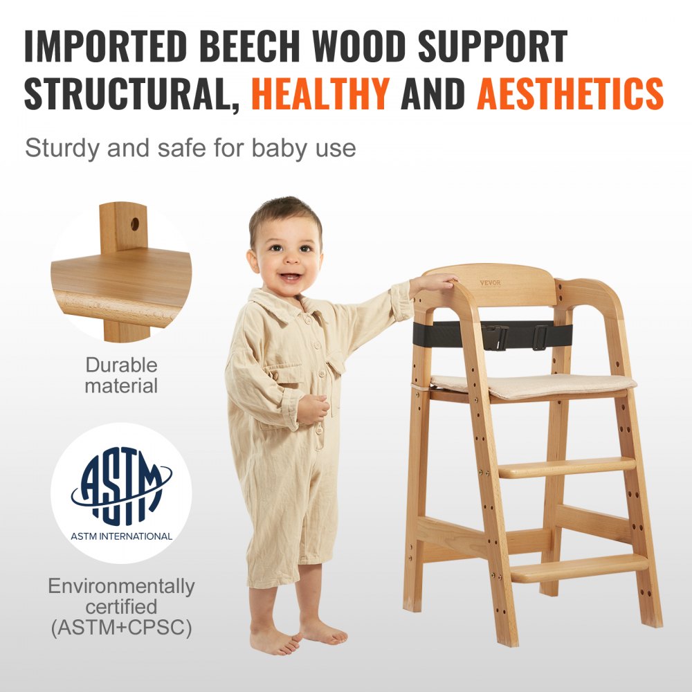 VEVOR Wooden High Chair for Babies & Toddlers, Convertible Adjustable ...