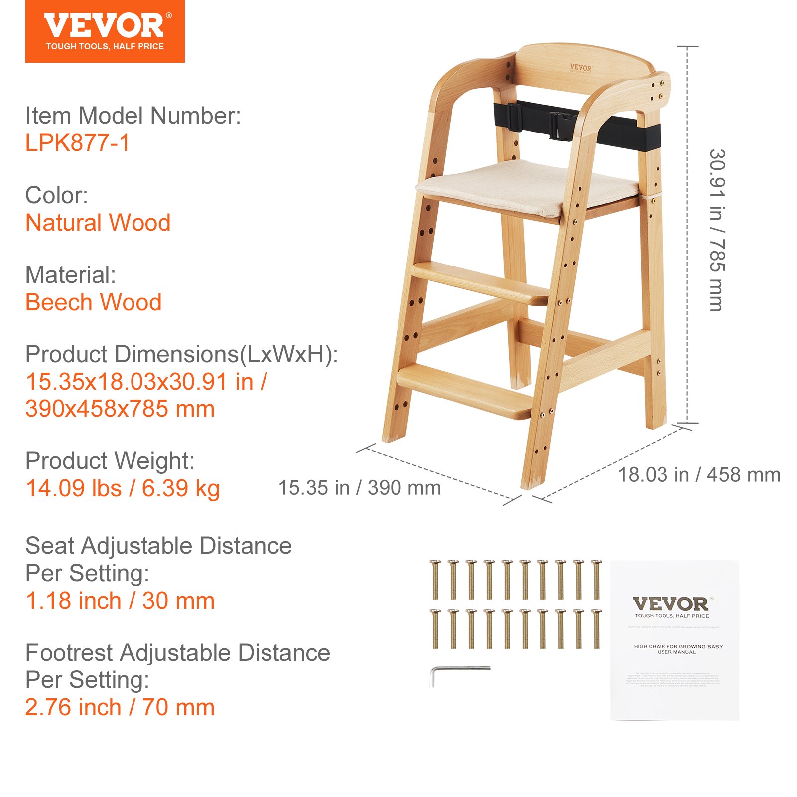 VEVOR Wooden High Chair for Babies & Toddlers, Convertible Adjustable ...