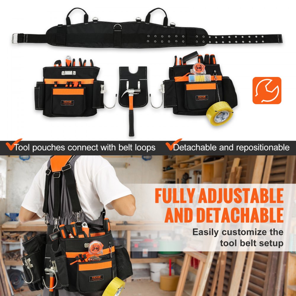 VEVOR Tool Belt with Suspenders, 29 Pockets, 29-54 inches Adjustable ...