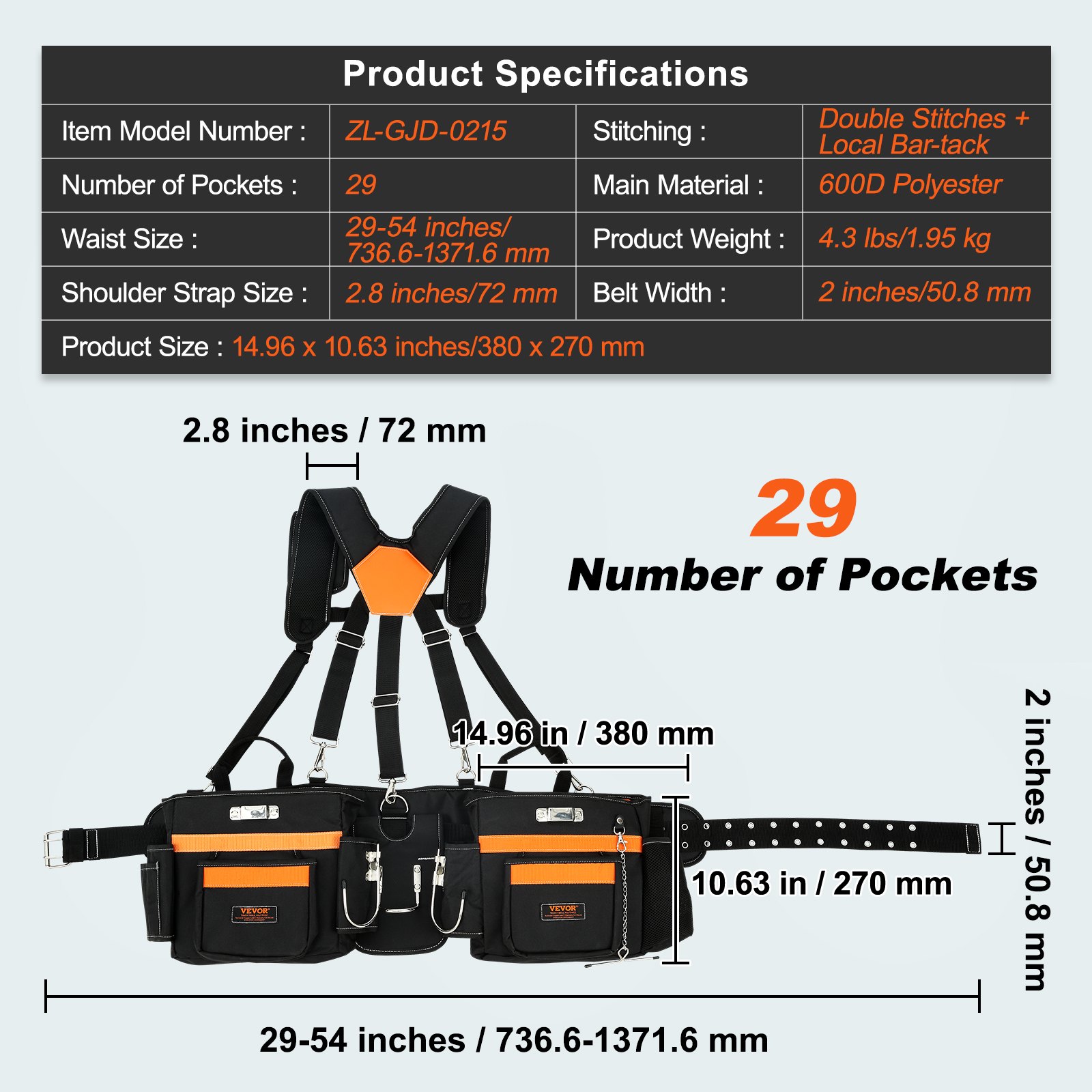 VEVOR Tool Belt with Suspenders, 29 Pockets, 29-54 inches Adjustable ...