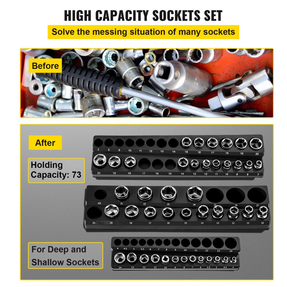 VEVOR Magnetic Socket Organizer Socket Holder 3 pcs 1/2, 3/8, 1/4-in ...