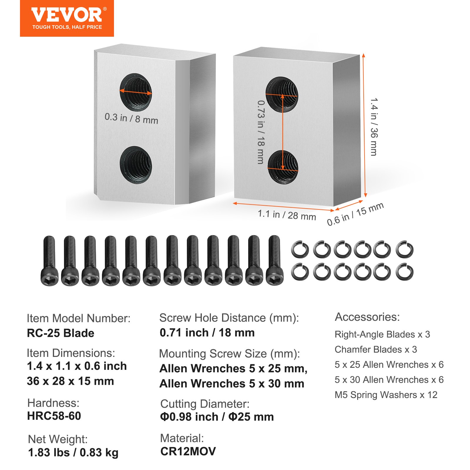 VEVOR 6 PCS 25mm(1 inch) Electric Rebar Cutter Blade Replacement Jaw ...