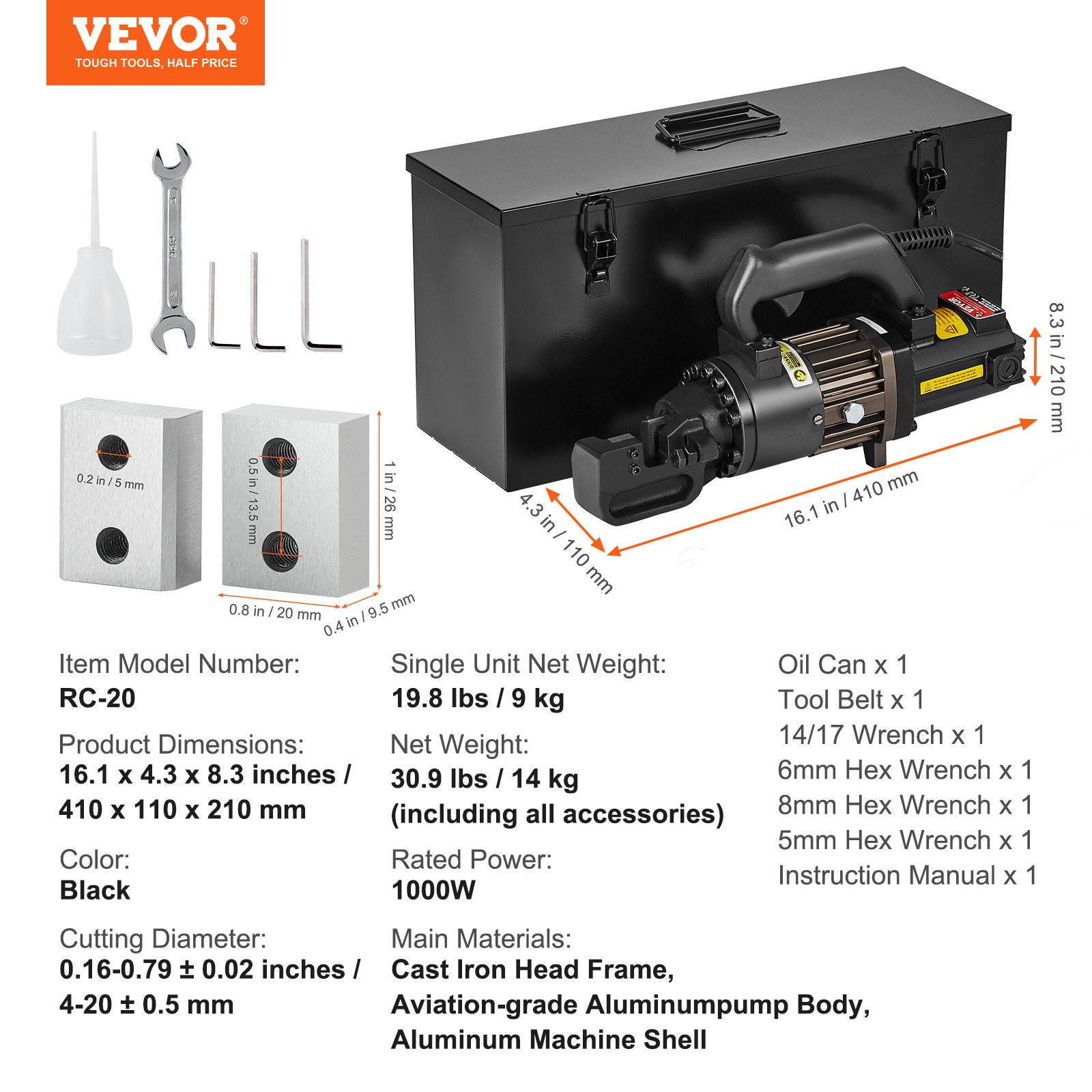 VEVOR Electric Hydraulic Rebar Cutter, 1000W Portable Rebar Cutter ...