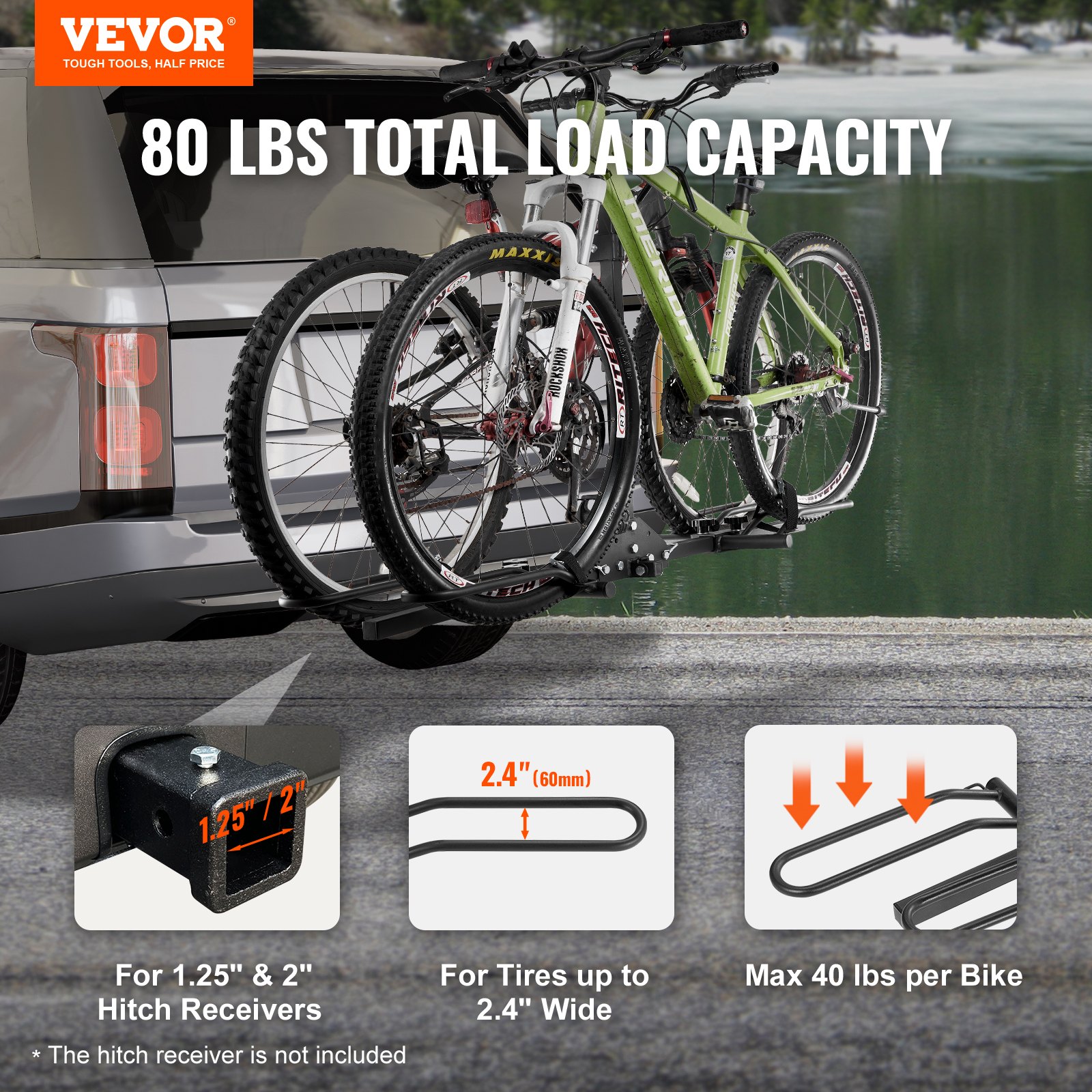 VEVOR Hitch Mount Bike Rack, 2-Bike Platform Style, 80 LBS Max Capacity ...