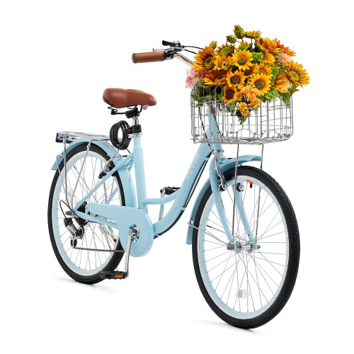 24-Inch Cruiser Bike 7-Speed Light Blue Beach Cruiser Bike with Basket ...