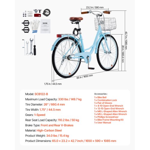 26-Inch Cruiser Bike 1-Speed Light Blue Beach Cruiser Bike with Basket ...