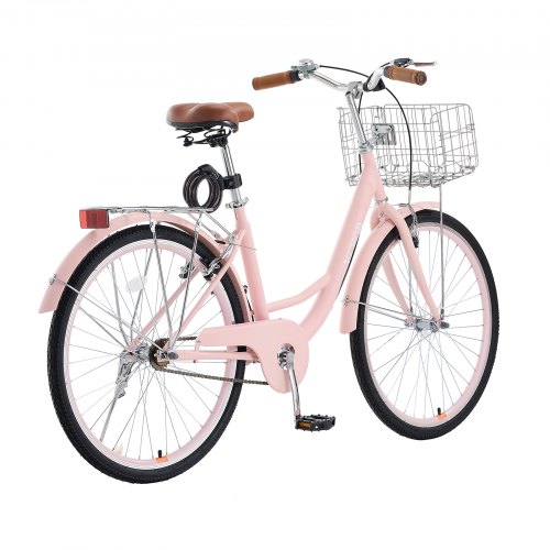 26-Inch Cruiser Bike 1-Speed Pink Beach Cruiser Bike with Basket | VEVOR US