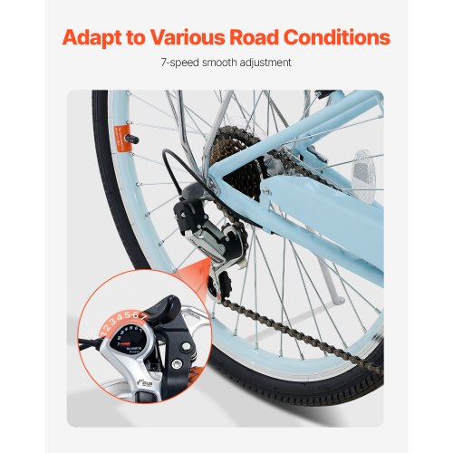 26-Inch Cruiser Bike 7-Speed Light Blue Beach Cruiser Bike with Basket ...