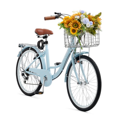 26-Inch Cruiser Bike 7-Speed Light Blue Beach Cruiser Bike with Basket ...