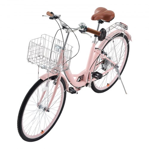 26-Inch Cruiser Bike 7-Speed Pink Beach Cruiser Bike with Basket | VEVOR US