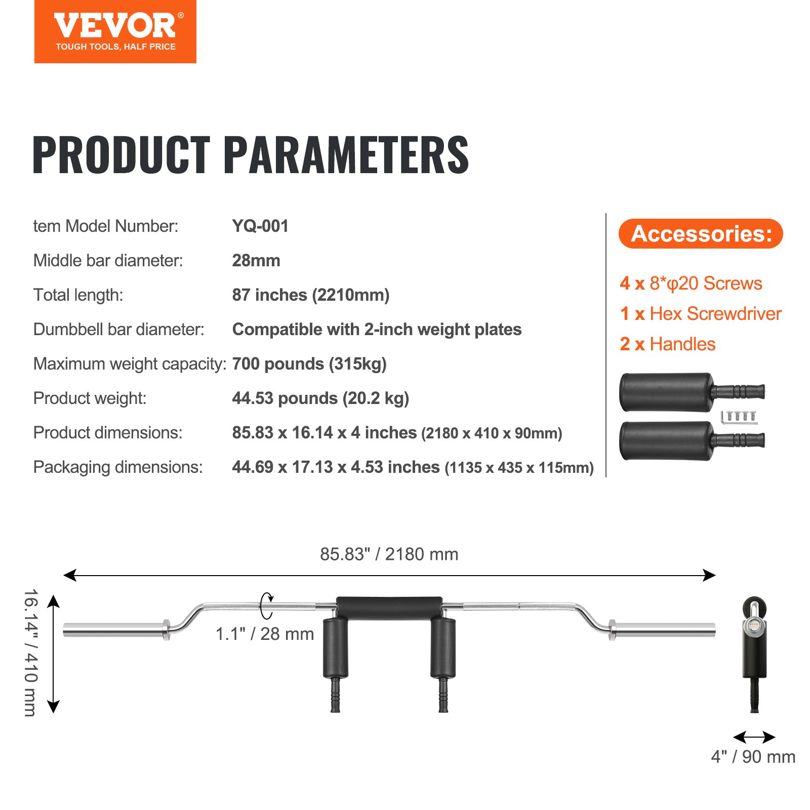 VEVOR Safety Squat Bar, 700 LBS Fitness Squat Bar, Safety Squat Bar ...