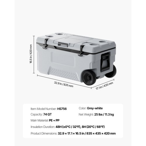 Portable Cooler 74 QT Insulated Wheeled Cooler 120 Can Capacity with ...