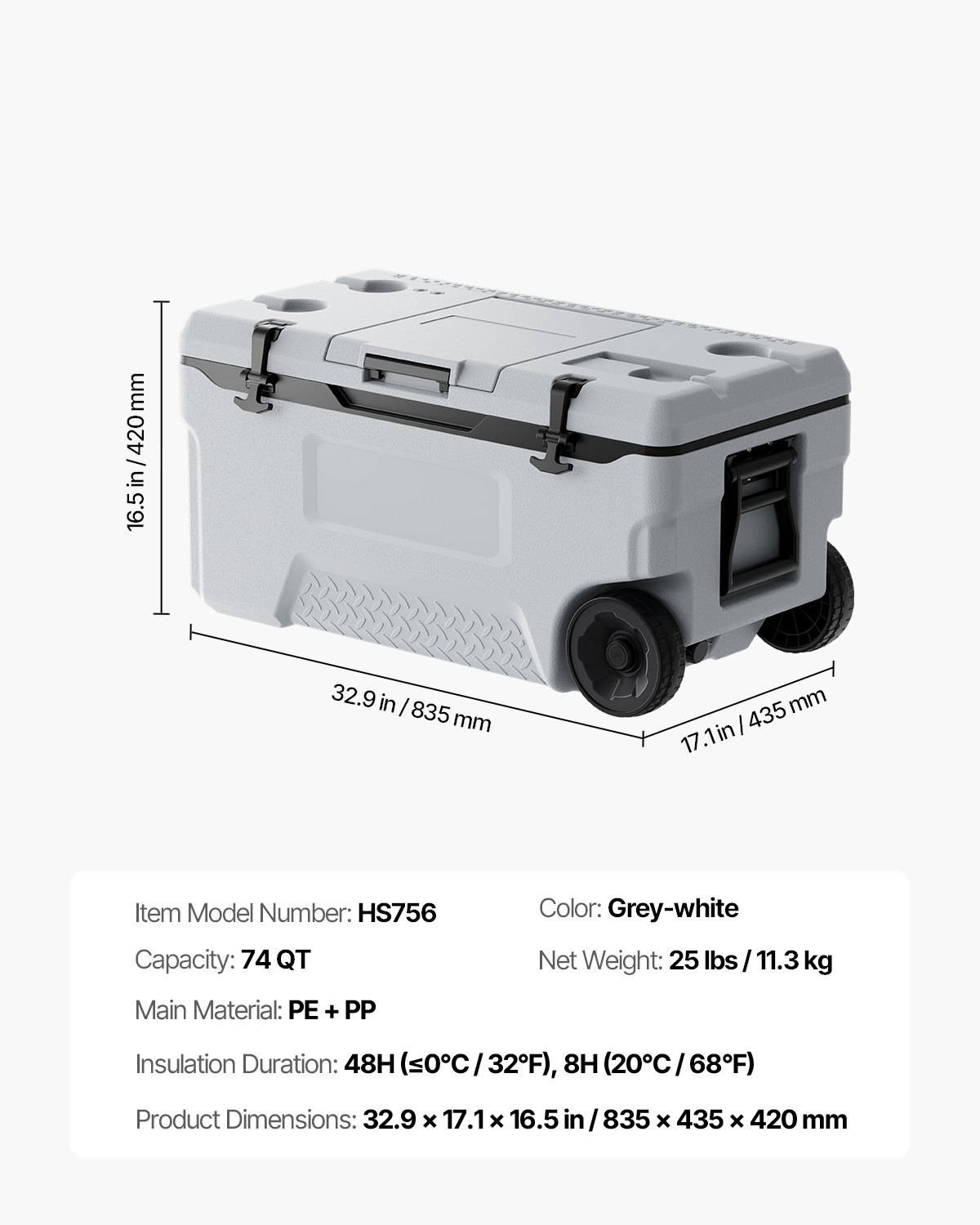 Portable Cooler 74 QT Insulated Wheeled Cooler 120 Can Capacity with ...