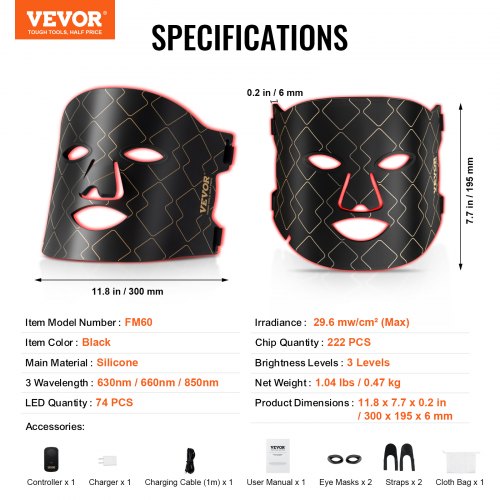 VEVOR Red Light Therapy for Face LED Face Mask Light Therapy with 3 ...