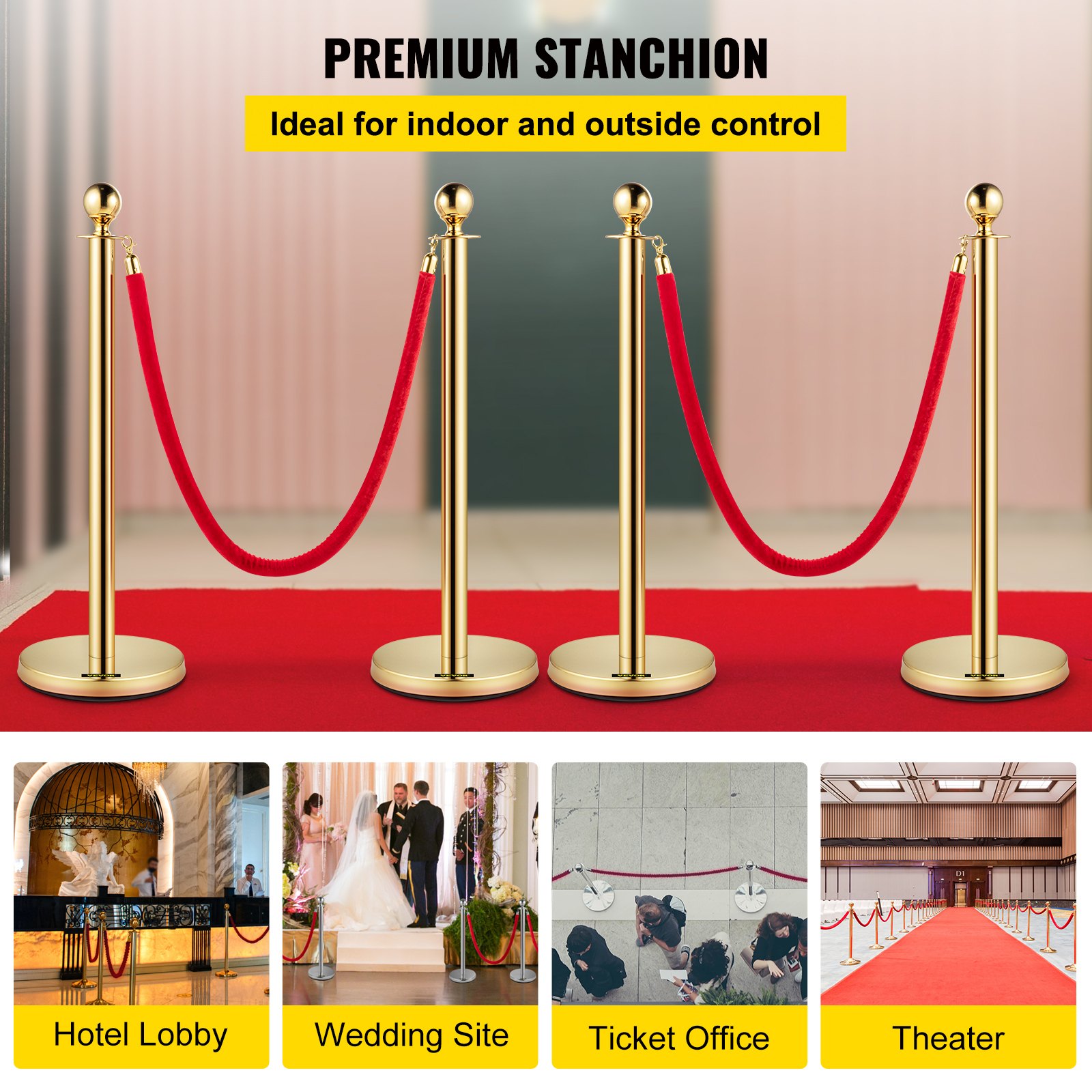 VEVOR 38 Inch Stanchion Posts Queue, Red Velvet Rope (3, Gold) | VEVOR US