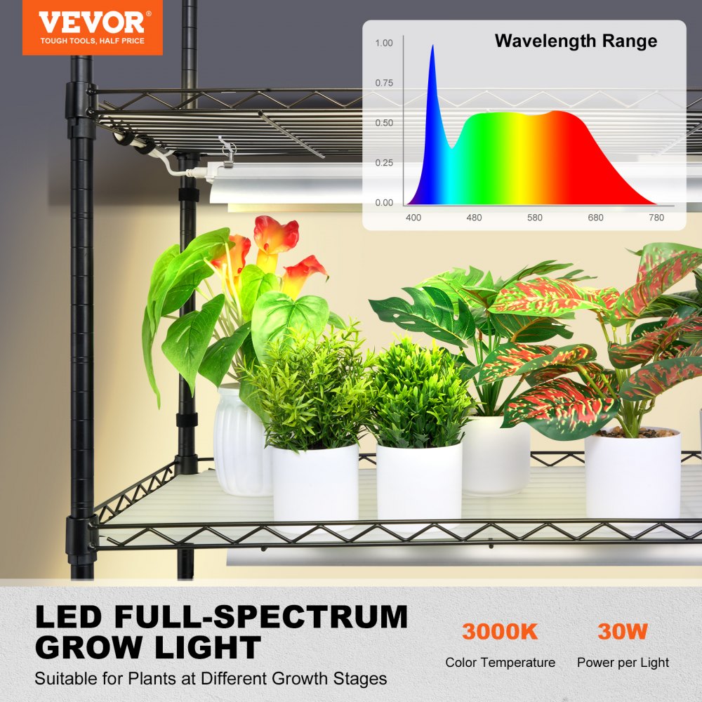 VEVOR Plant Stand with Grow Light, 4 Tiers Plant Shelf with 3000K 180W ...