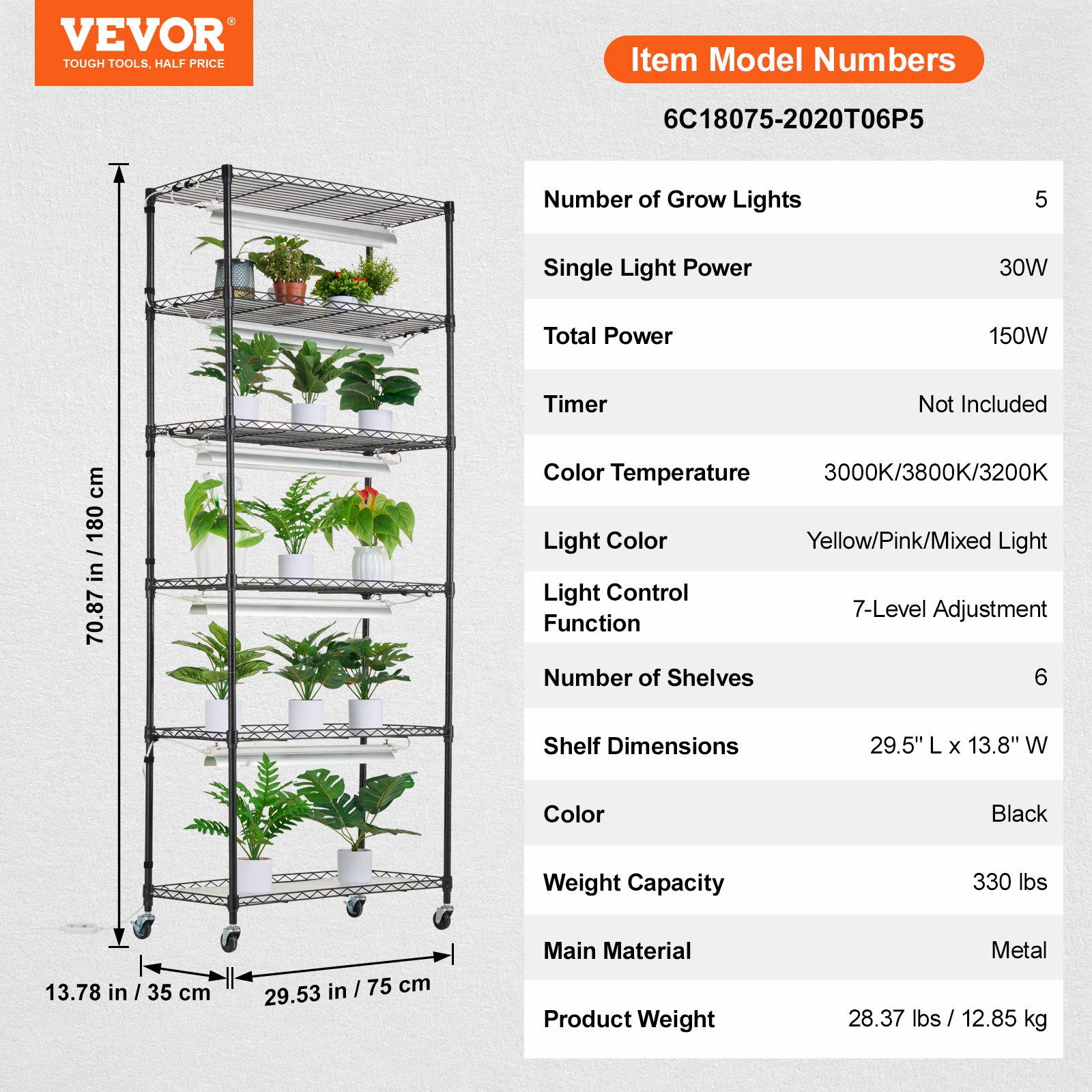 VEVOR Plant Stand with Grow Lights 6 Tiers 120W 70.9" Tall Plant Grow ...