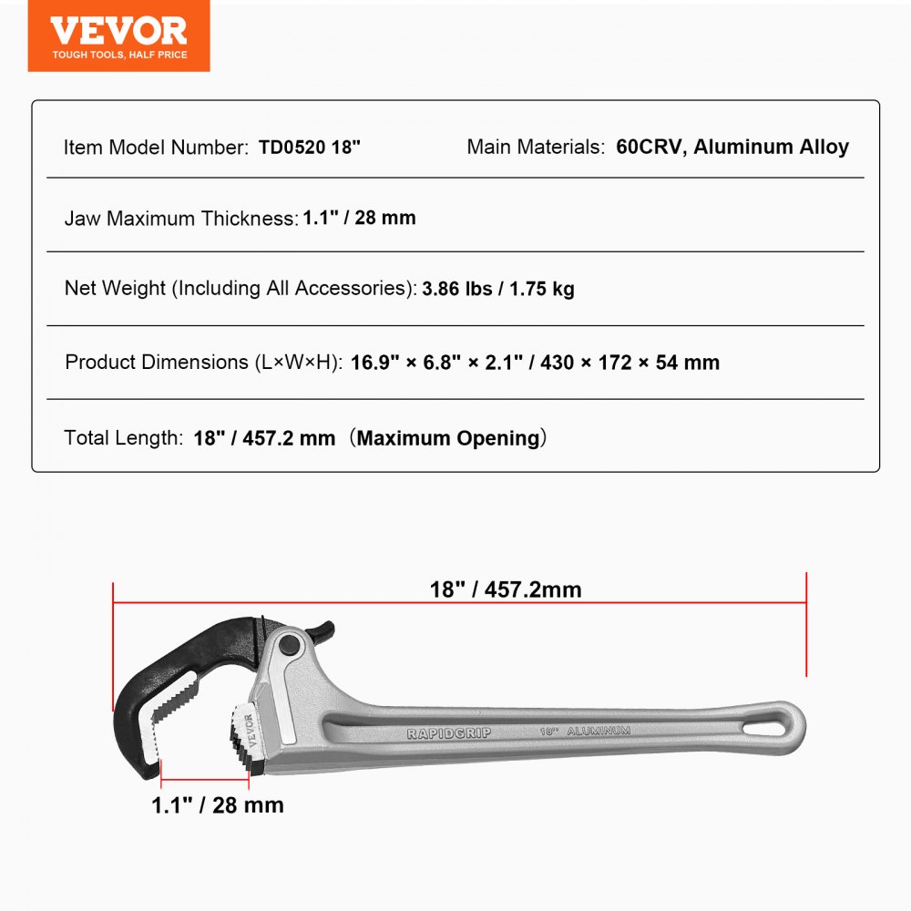 VEVOR Aluminum Straight Pipe Wrench 18 in Automatic Jaw Adjustment ...