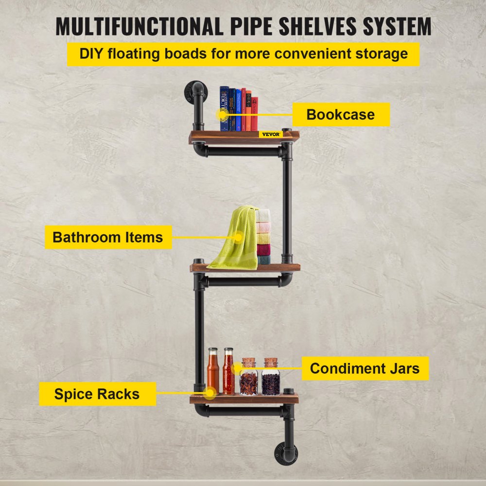 VEVOR Industrial Pipe Shelving, Pipe Shelves with 3-Tier Wood Planks ...