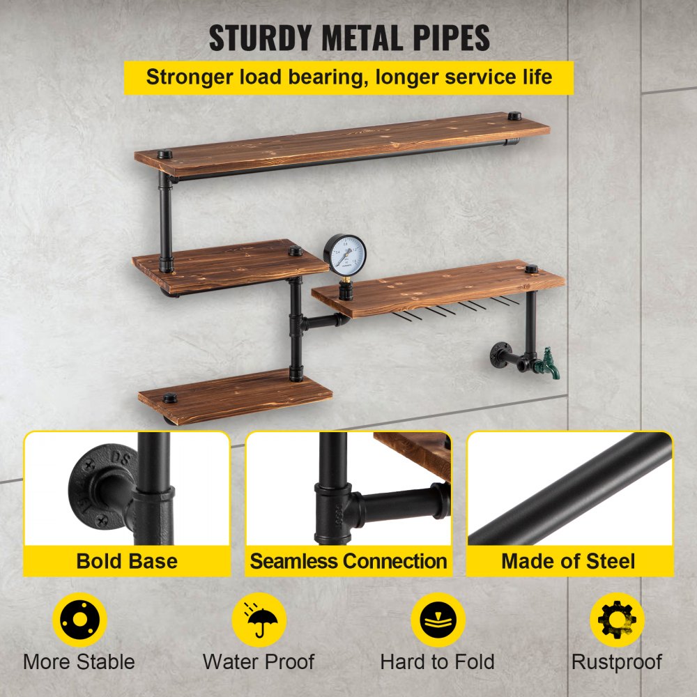 VEVOR Iron Pipes Shelving, Industrial Steel Pipe Shelf w/ 4-Tier Wood ...