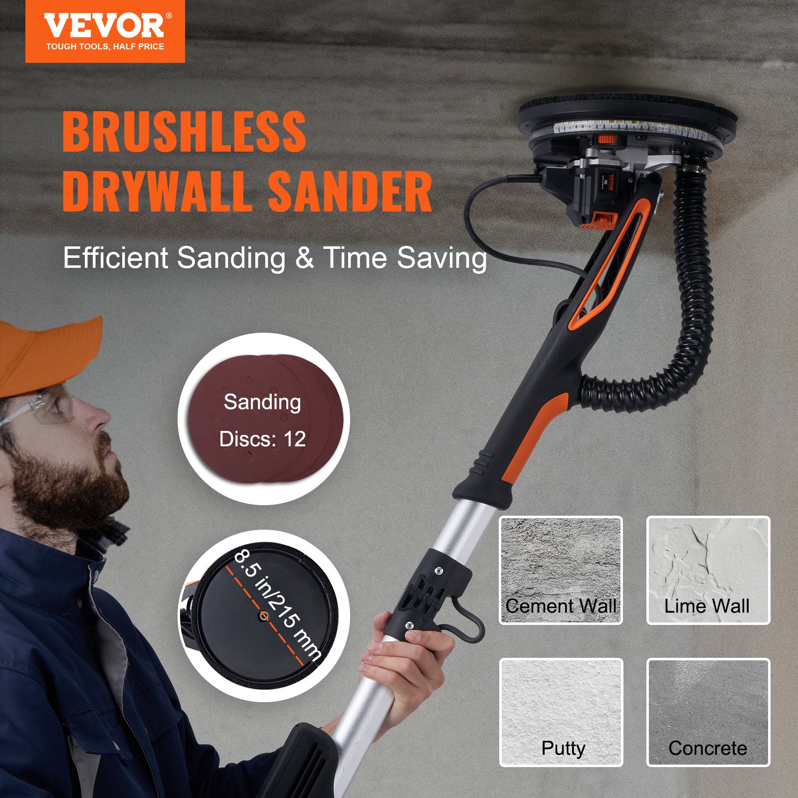 VEVOR Drywall Sander, 800W Brushless Motor Electric Sander, Variable ...