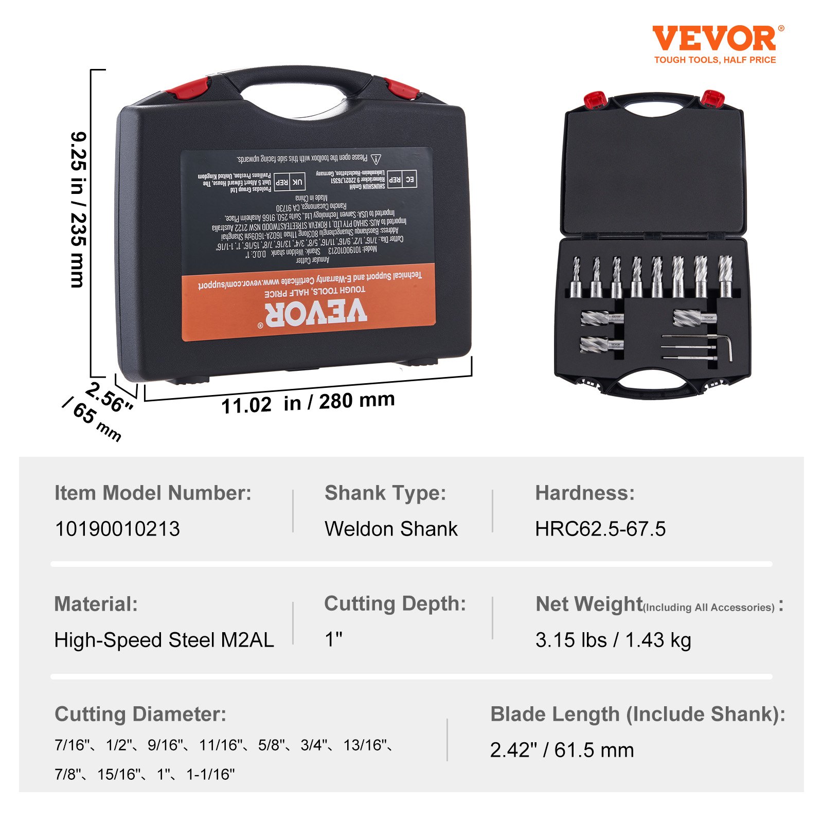 VEVOR Annular Cutter Set, 13 pcs Weldon Shank Mag Drill Bits, 7/16" to ...