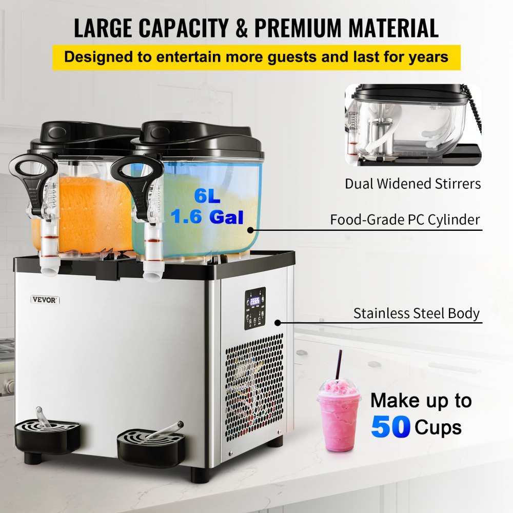 VEVOR Commercial Slushy Machine, 6 L x 2 Tanks 50 Cups, 700W 110V ...