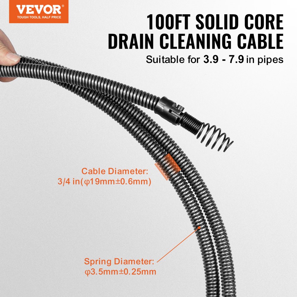 VEVOR Solid Core Drain Cleaning Cable 100FTx3/4In & 4 Cutter for 3.9"-7 ...