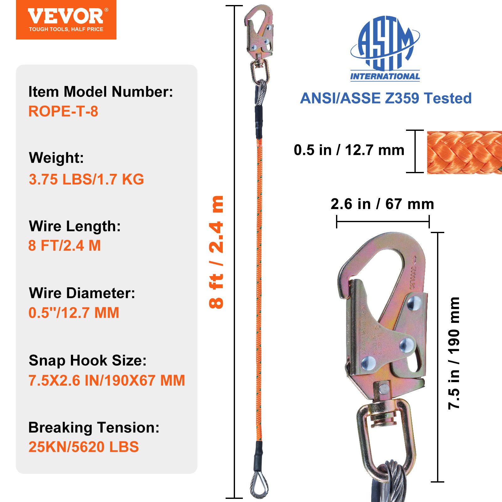 VEVOR Steel Core flipline, 1/2" x 8' Arborist Flipline, Flip Line for ...