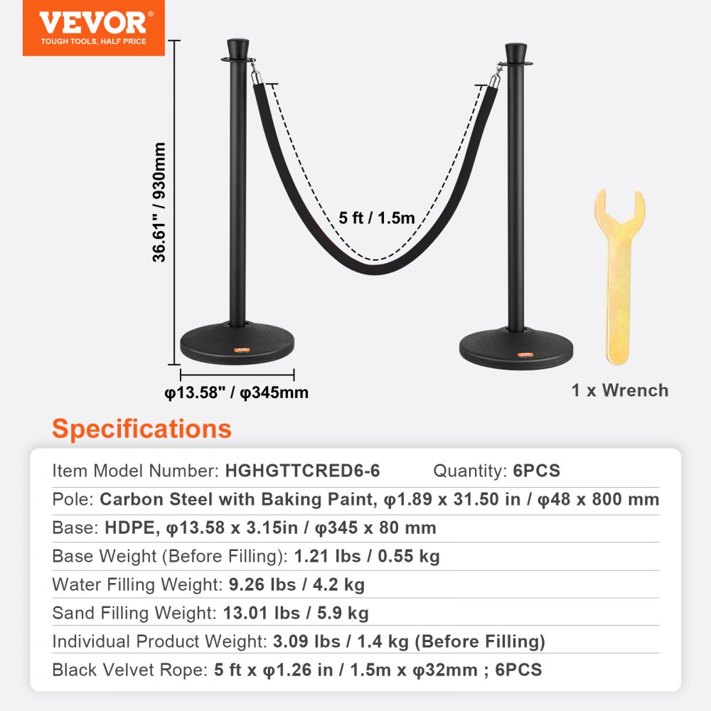 VEVOR Stanchion Post with Velvet Rope, 6-Pack Crowd Control Stanchion ...