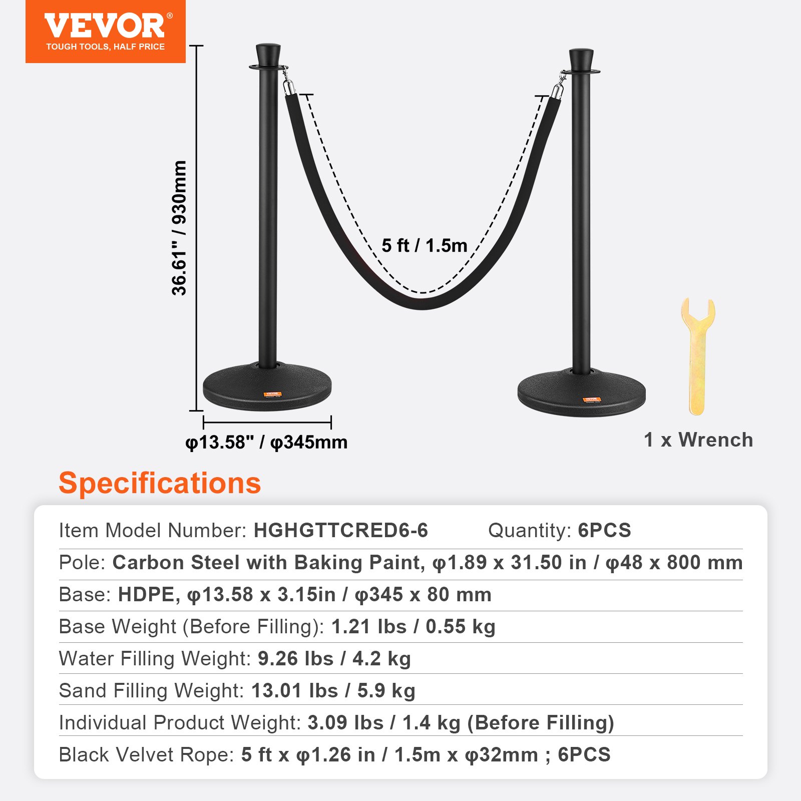VEVOR Stanchion Post with Velvet Rope, 6-Pack Crowd Control Stanchion ...