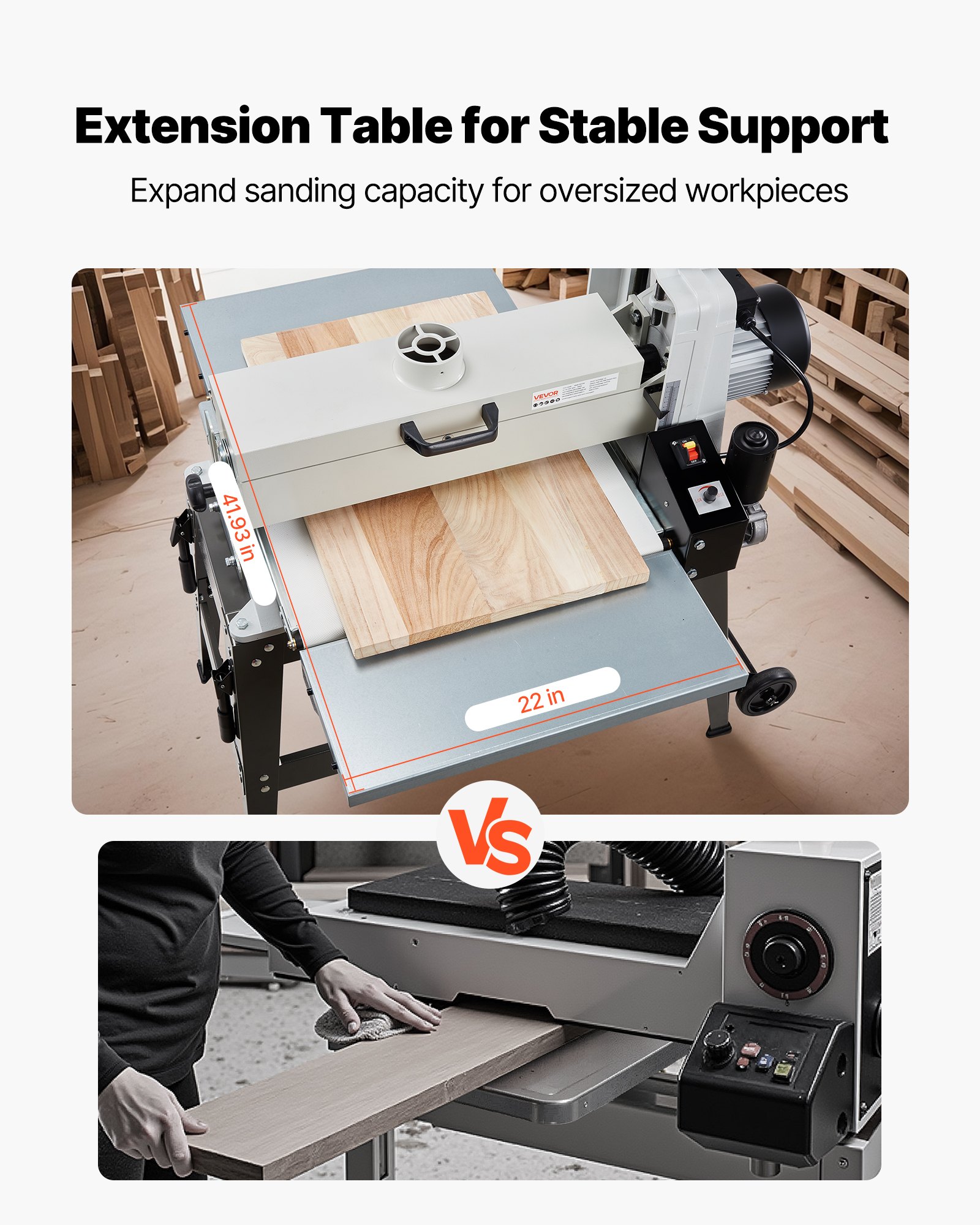 VEVOR 22" Drum Sander with Stand & Extension Tables, 1.75HP 1440RPM ...