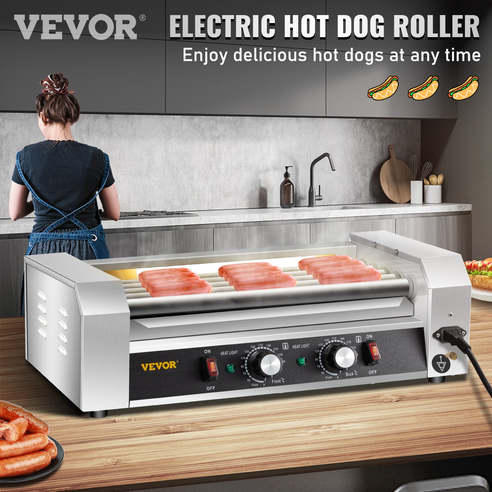 VEVOR Hot Dog Roller, 12 Hot Dog Capacity 5 Rollers, 750W Stainless ...