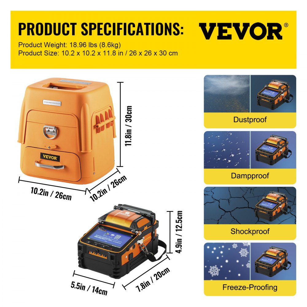 VEVOR AI-9 Fiber Fusion Splicer with 5 Seconds Splicing Time Melting 15 ...