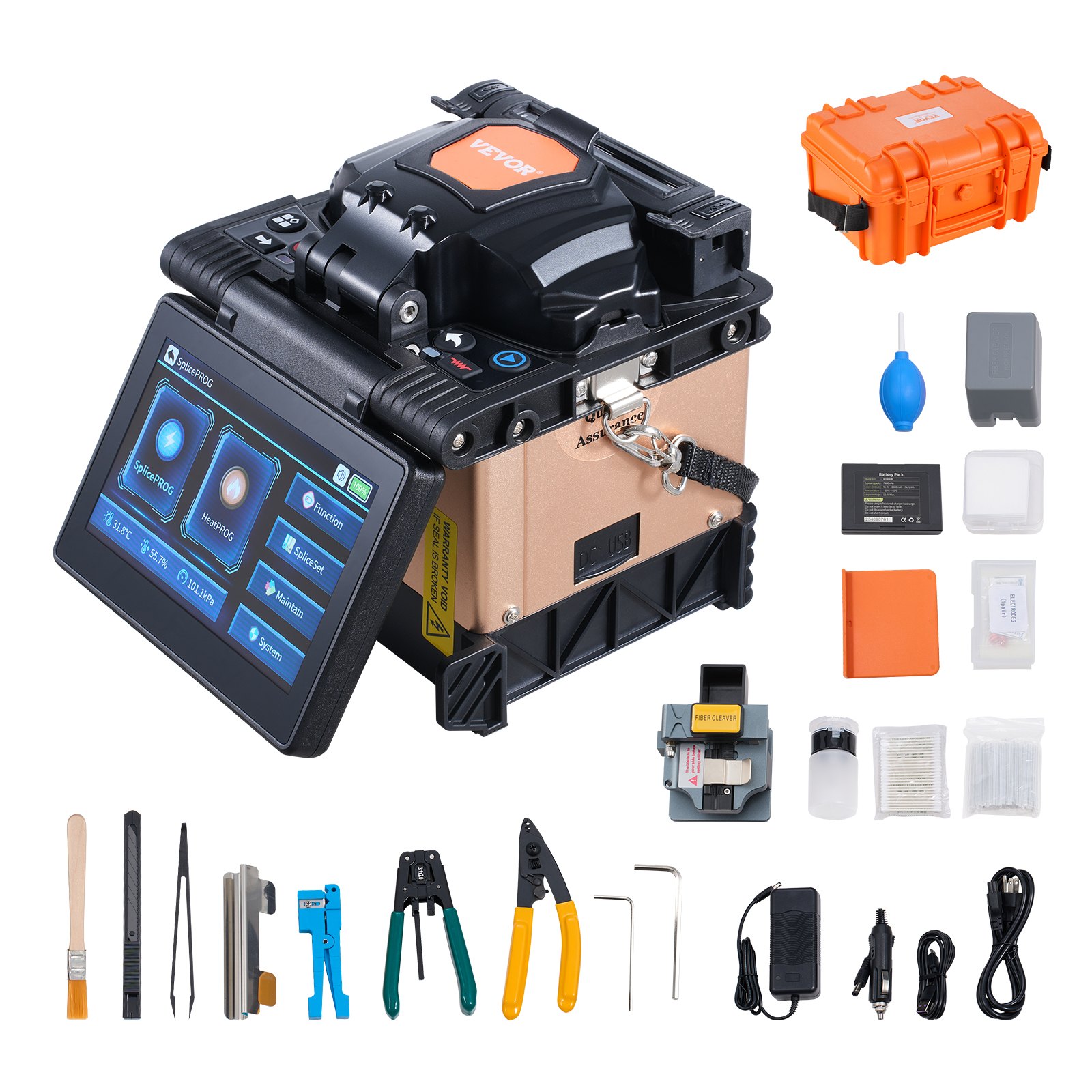 VEVOR Fiber Optic Fusion Splicer Machine – 4 Motors, 7800mAh