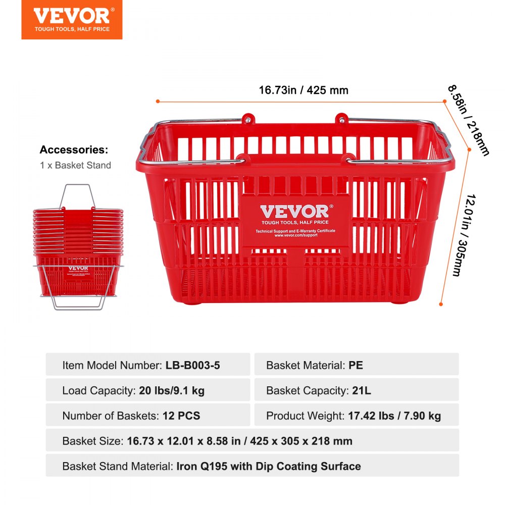 VEVOR Shopping Basket, Set of 12, 21L Durable Plastic Grocery Basket ...