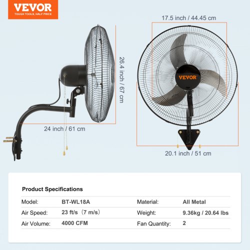 VEVOR Wall Mount Fan, 2 PCS 18 inch Oscillating, 3-speed High Velocity ...