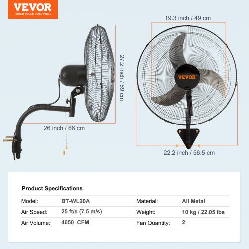 VEVOR Wall Mount Fan, 2 PCS 20 inch Oscillating, 3-speed High Velocity ...